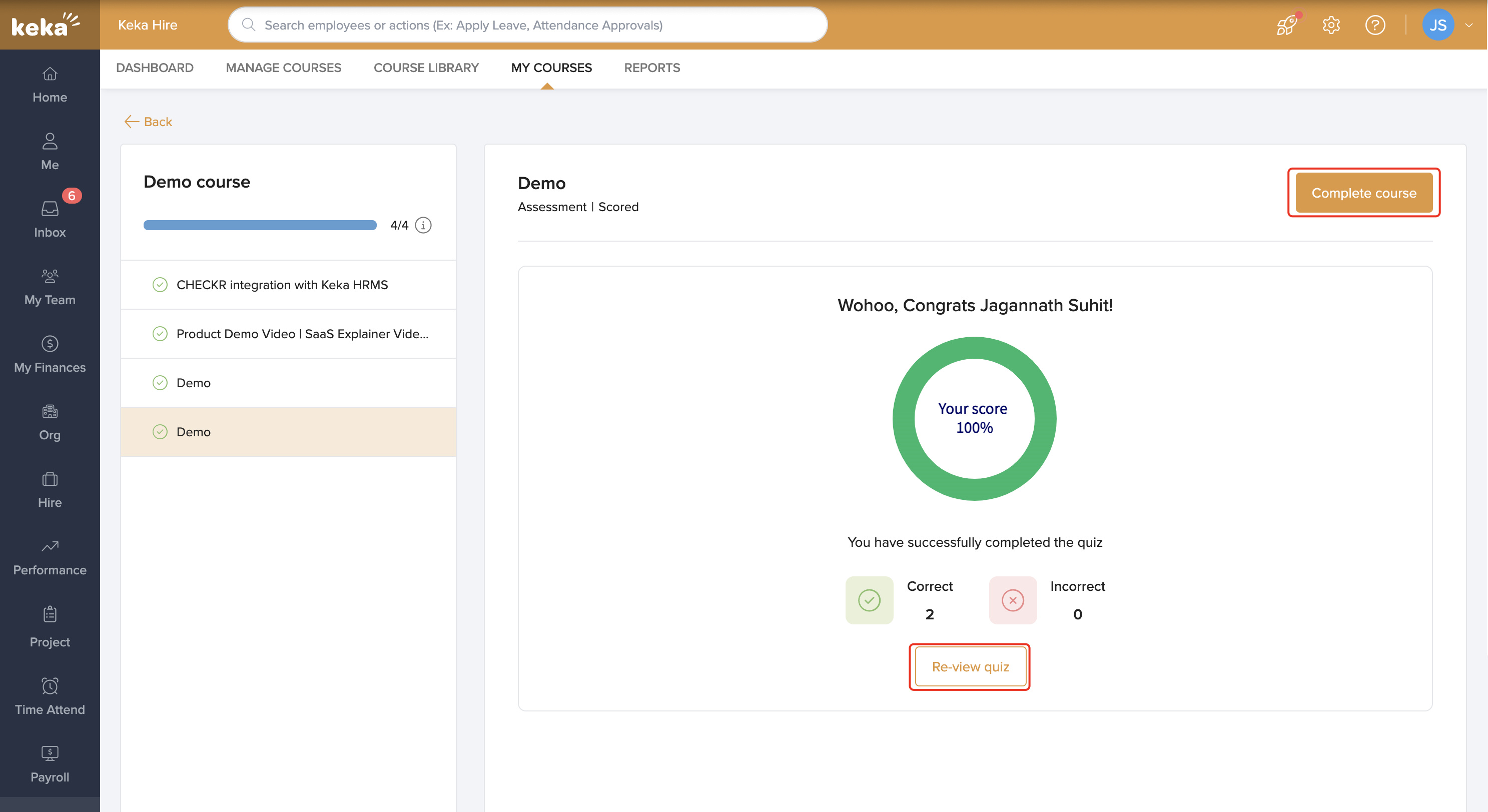 Completing a course on Keka learn. – KekaHR Help Center