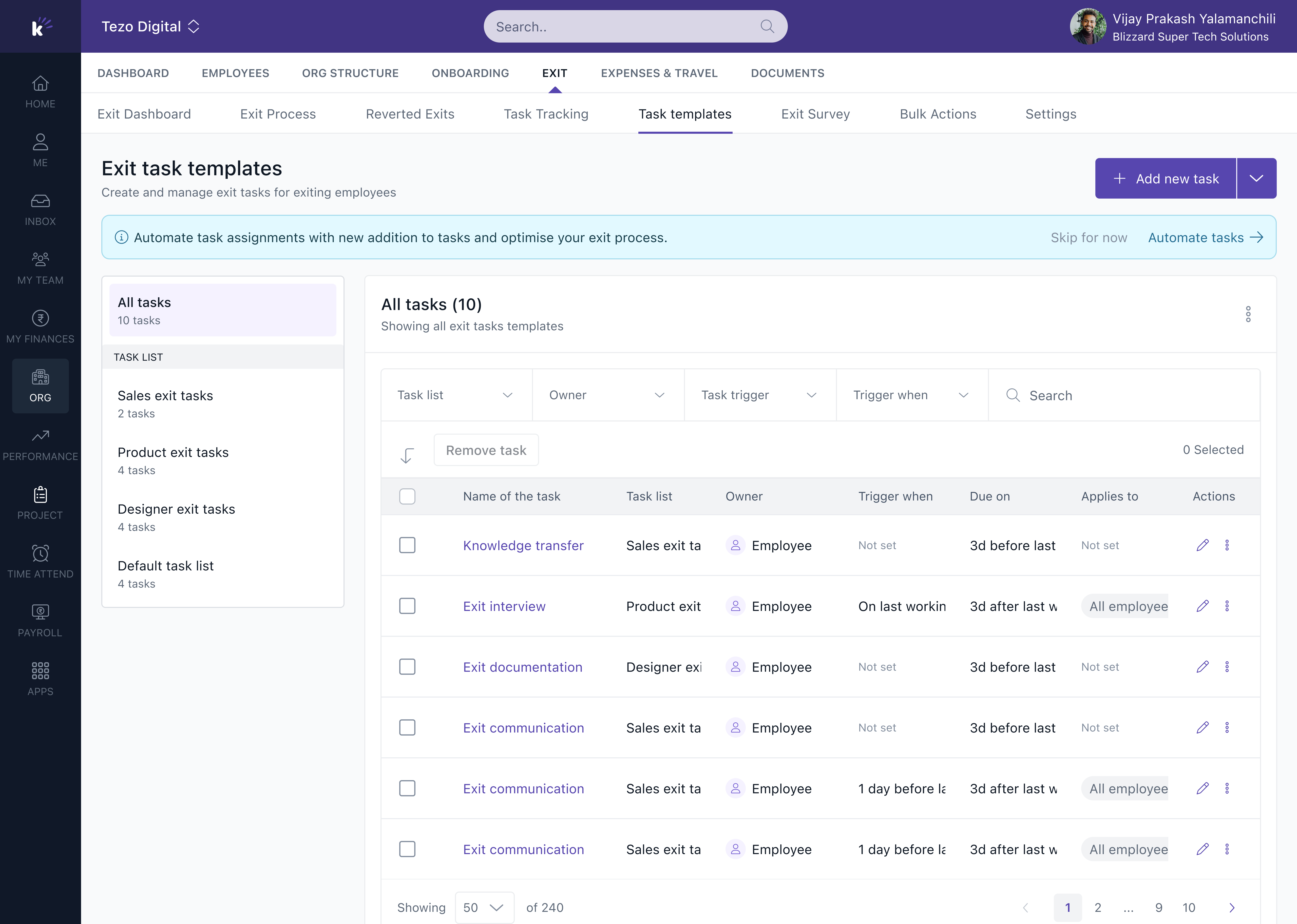 Configuring Exit Tasks in Keka – KekaHR Help Center